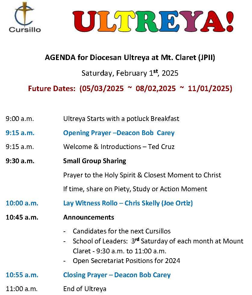 Calendar of Events; ULTREYA | Diocese of Phoenix Cursillo Movement